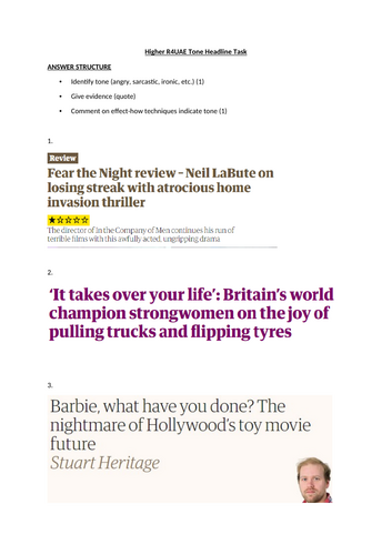 Higher English R4UAE RUAE Close Reading Tone Lesson and Task | Teaching Resources