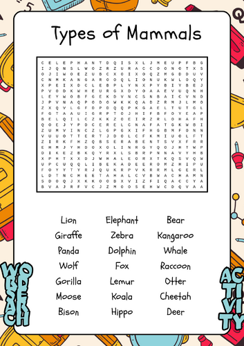 Printable Types of Mammals Word Search Puzzle Activity - No Prep Needed ...