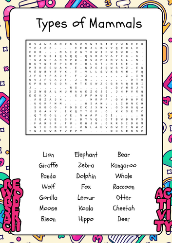 Printable Types of Mammals Reverse Word Search Puzzle Activity - No ...