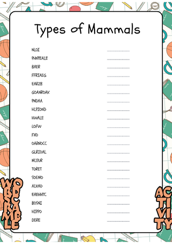 Printable Types of Mammals Word Scramble Puzzle Activity - No Prep ...