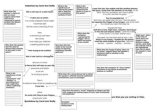 Carol Ann Duffy - Valentine and Quickdraw Analysis worksheet | Teaching ...