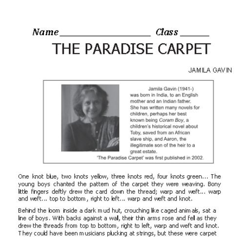Jamila Gavin Paradise Carpet Iqbal Child labour Language Paper 1 ...