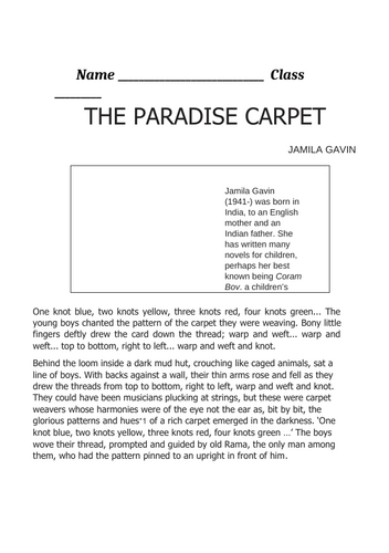 Jamila Gavin Paradise Carpet Iqbal Child labour Language Paper 1 ...