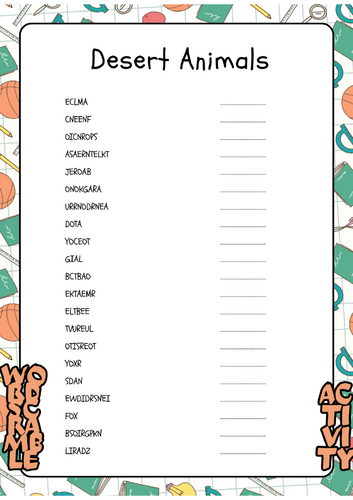 Desert Animals - Printable Word Scramble Puzzle Activity - No Prep ...