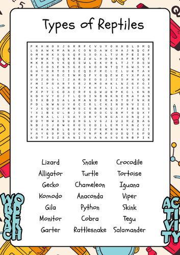 Types of Reptiles - Printable Word Search Puzzle Activity - No Prep ...