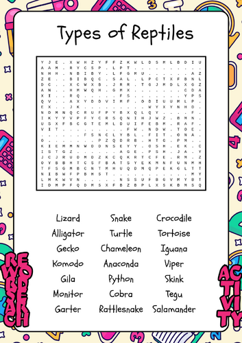 Types of Reptiles - Printable Word Reverse Search Puzzle Activity - No ...