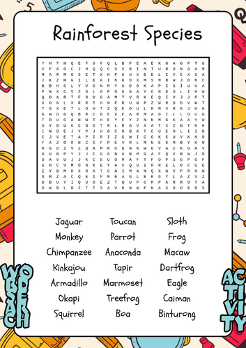 Rainforest Species - No Prep Printable Word Search Puzzle Activity ...