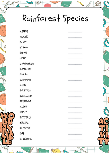 Rainforest Species - No Prep Printable Word Scramble Puzzle Activity ...