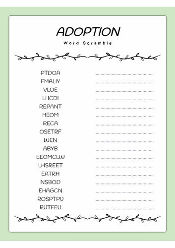 Adoption word scramble puzzle worksheet Activity | Teaching Resources
