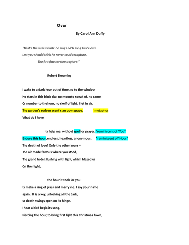 A LEVEL ENGLISH LITERATURE poetry Carol Ann Duffy "Over" | Teaching ...