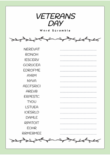 Veterans Day word scramble puzzle worksheet Activity | Teaching Resources