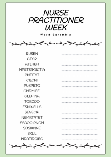 Nurse Practitioner Week word scramble puzzle worksheet Activity ...