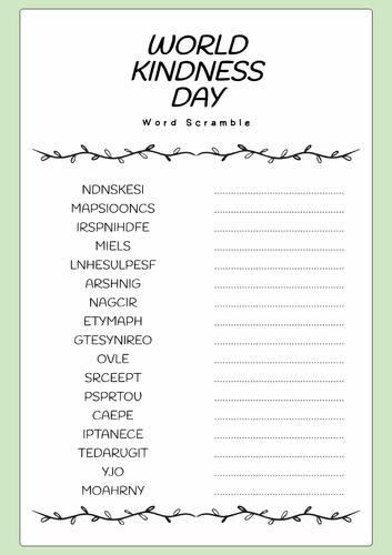 World Kindness Day word scramble puzzle worksheet Activity | Teaching ...