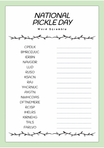 National Pickle Day word scramble puzzle worksheet Activity | Teaching ...
