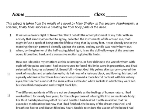 Frankenstein English Language AQA KS3 Paper 1 Q1 Q2 Q3 Exam and Mark ...