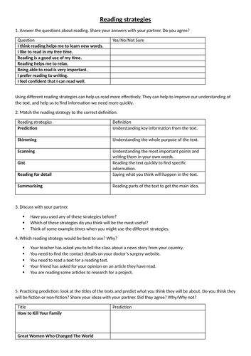 Reading Strategies Worksheet | Teaching Resources