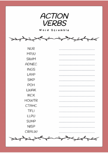 Action Verbs Word Scramble Puzzle Worksheet Activity | Teaching Resources
