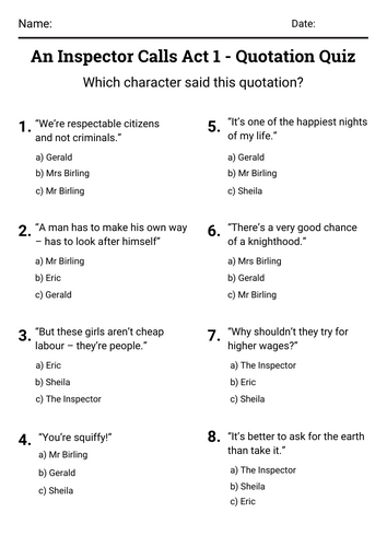 An Inspector Calls Act 1-3 Quotation Quizzes Multiple Choice | Teaching ...