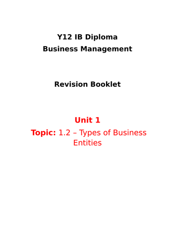 Y12 IB Business Management: Unit 1 - 1.2 Revision Booklet | Teaching ...