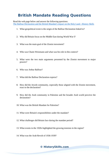 British Mandate for Palestine Reading Questions Worksheet | Teaching ...