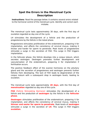 Higher Human Biology Unit 2 - Reproduction Spot the Errors Activity ...
