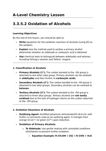 ALCOHOLS - AQA A-Level Chemistry Lesson Bundle | Teaching Resources