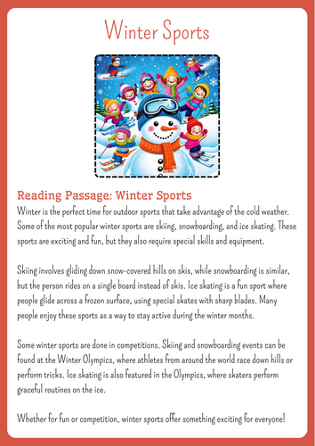 Winter Sports Excitement: Reading and Comprehension Worksheet ...