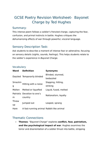 Bayonet Charge by Ted Hughes- GCSE Poetry Revision Worksheet | Teaching ...