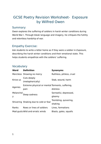 Exposure by Wilfred Owen - GCSE Poetry Revision Worksheet | Teaching ...