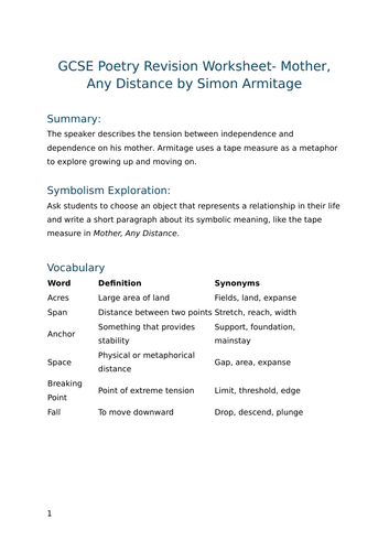 Mother, Any Distance by Simon Armitage - GCSE Poetry Revision Worksheet ...