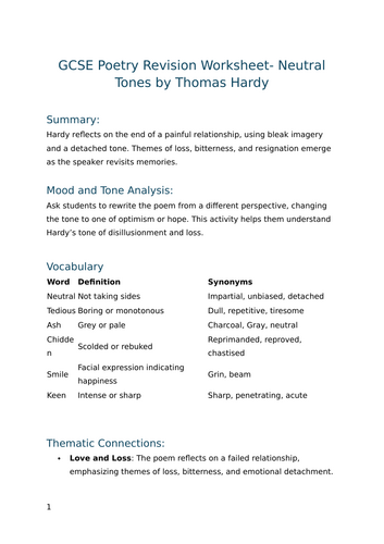 Neutral Tones by Thomas Hardy - GCSE Poetry Revision Worksheet ...