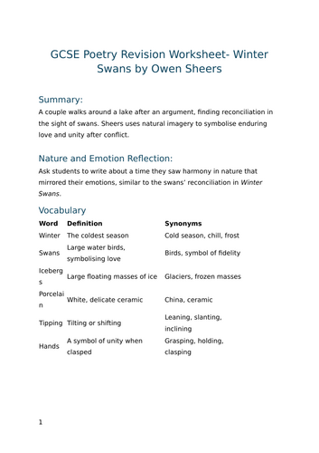 Winter Swans by Owen Sheers - GCSE Poetry Revision Worksheet | Teaching ...