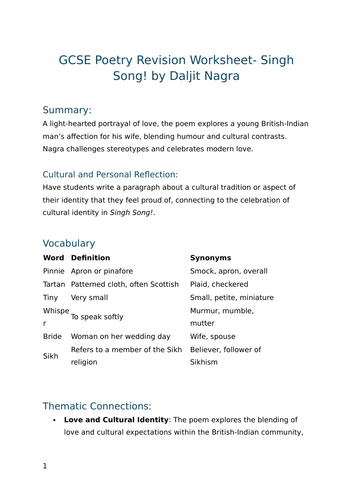 Singh Song! by Daljit Nagra - GCSE Poetry Revision Worksheet | Teaching ...