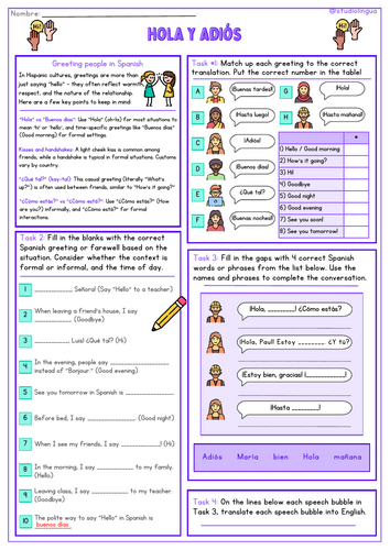 Spanish Greetings Worksheet | Hola & Adiós | Beginner Worksheet ...