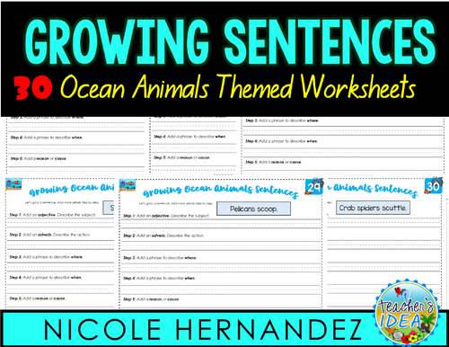 Building Sentences Worksheets - Ocean Animals Themed | Teaching Resources