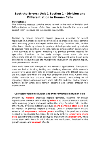 Higher Human Biology Unit 1- Division and Differentiation Spot the ...
