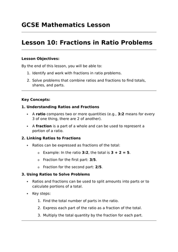 Fractions in Ratio Problems - GCSE Maths Lesson | Teaching Resources