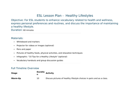 ESL Lesson Plan - Healthy Lifestyles with two handouts (complete ...