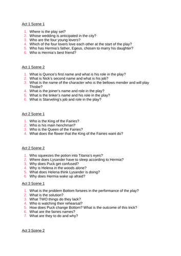 Understanding Questions - A Midsummer Night's Dream | Teaching Resources