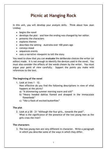 Picnic at Hanging Rock by Joan Lindsay - Guided responses to questions ...