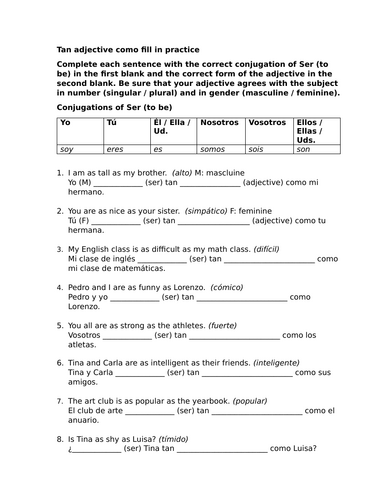 Tan adjective como fill in practice | Teaching Resources