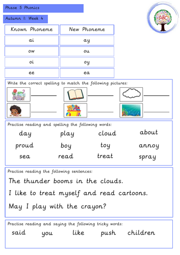 Early Reading & Phonics Homework/ Support Sheet- Autumn 1 (Year 1 ...