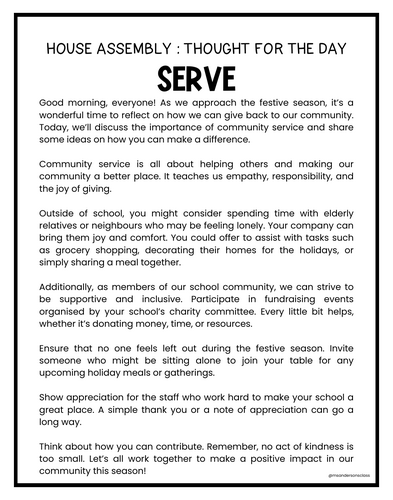 "Serve" Assembly Pack : Thought for the Day + Prayer | Teaching Resources