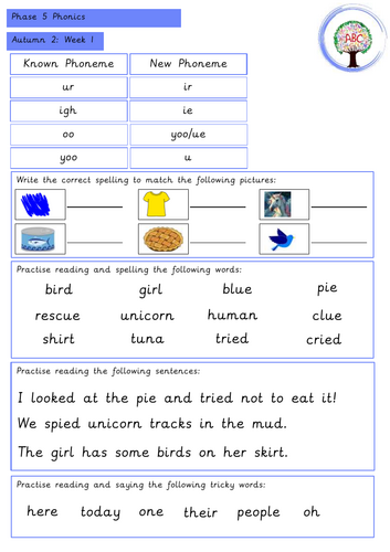 Early Reading & Phonics Homework/ Support Sheet- Autumn 2 (Year 1 ...