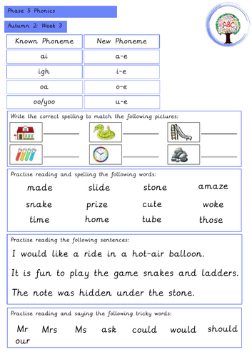 Early Reading & Phonics Homework/ Support Sheet- Autumn 2 (Year 1 ...