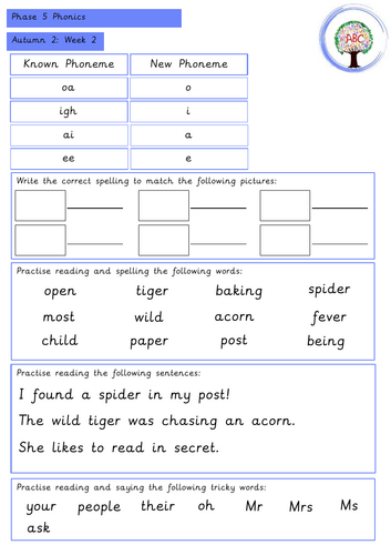 Early Reading & Phonics Homework/ Support Sheet- Autumn 2 (Year 1 ...