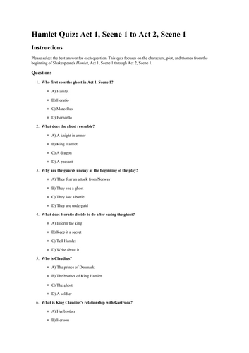 Y9 Hamlet MCQ (A1.1 - A2.1) | Teaching Resources