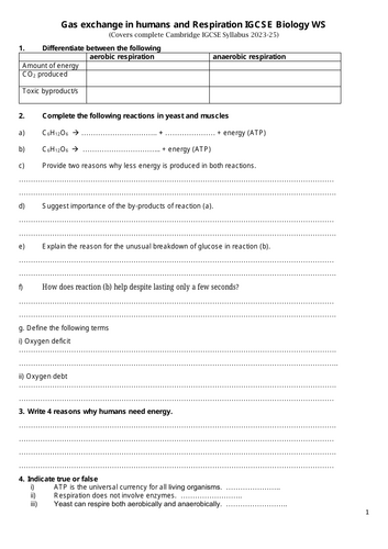 Gas exchange in humans & Respiration IGCSE worksheet & answer key ...