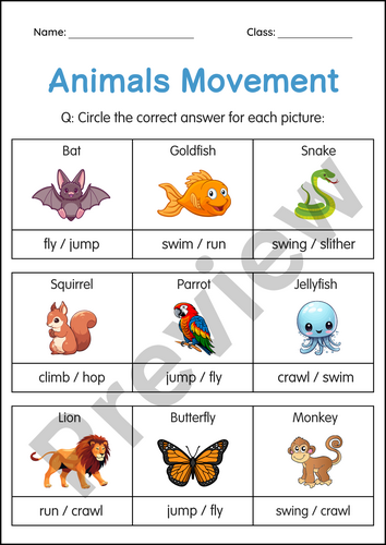 Printable Movements of Animals Activity Worksheet for Grade 1, 2, 3 ...
