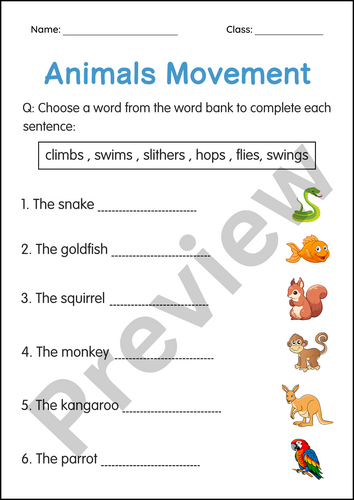 Printable Movements of Animals Activity Worksheet for Grade 1, 2, 3 ...